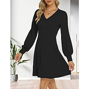 OYANUS Womens V Neck Long Sleeve Sweater Dress Fall Latern Sleeve Knit Flowy Short Mini Skater Dresses Black L