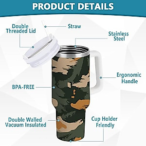 GKCLOCK 40 oz Tumbler with Handle and Straws, Insulated Reusable Stainless Steel Travel Coffee Mug Water Bottle for Office & Outdoor, Cupholder Friendly (Camouflage Style)