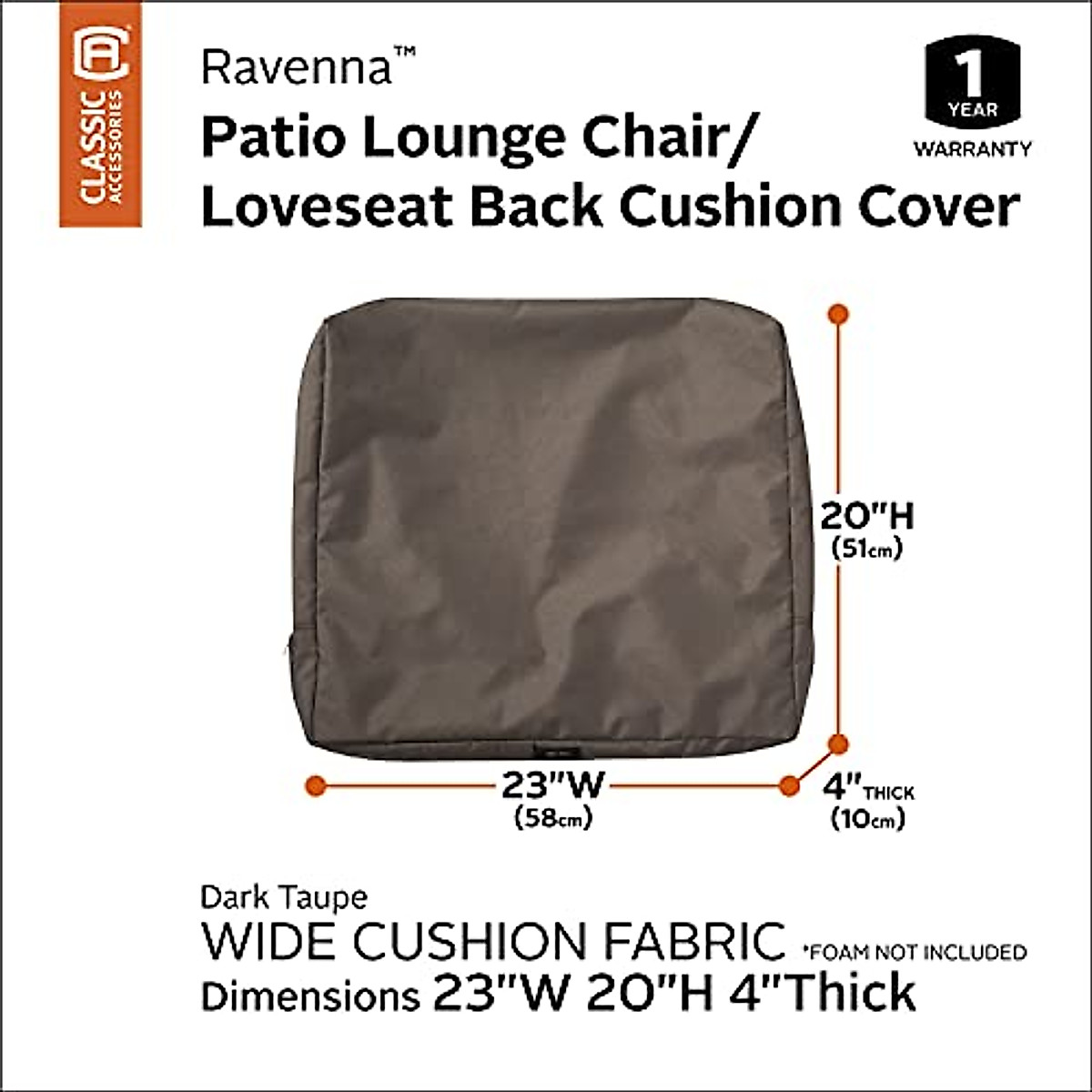 Classic Accessories Ravenna Water-Resistant 23 x 20 x 4 Inch Outdoor Back Cushion Slip Cover, Patio Furniture Cushion Cover, Dark Taupe, Patio Furniture Cushion Covers