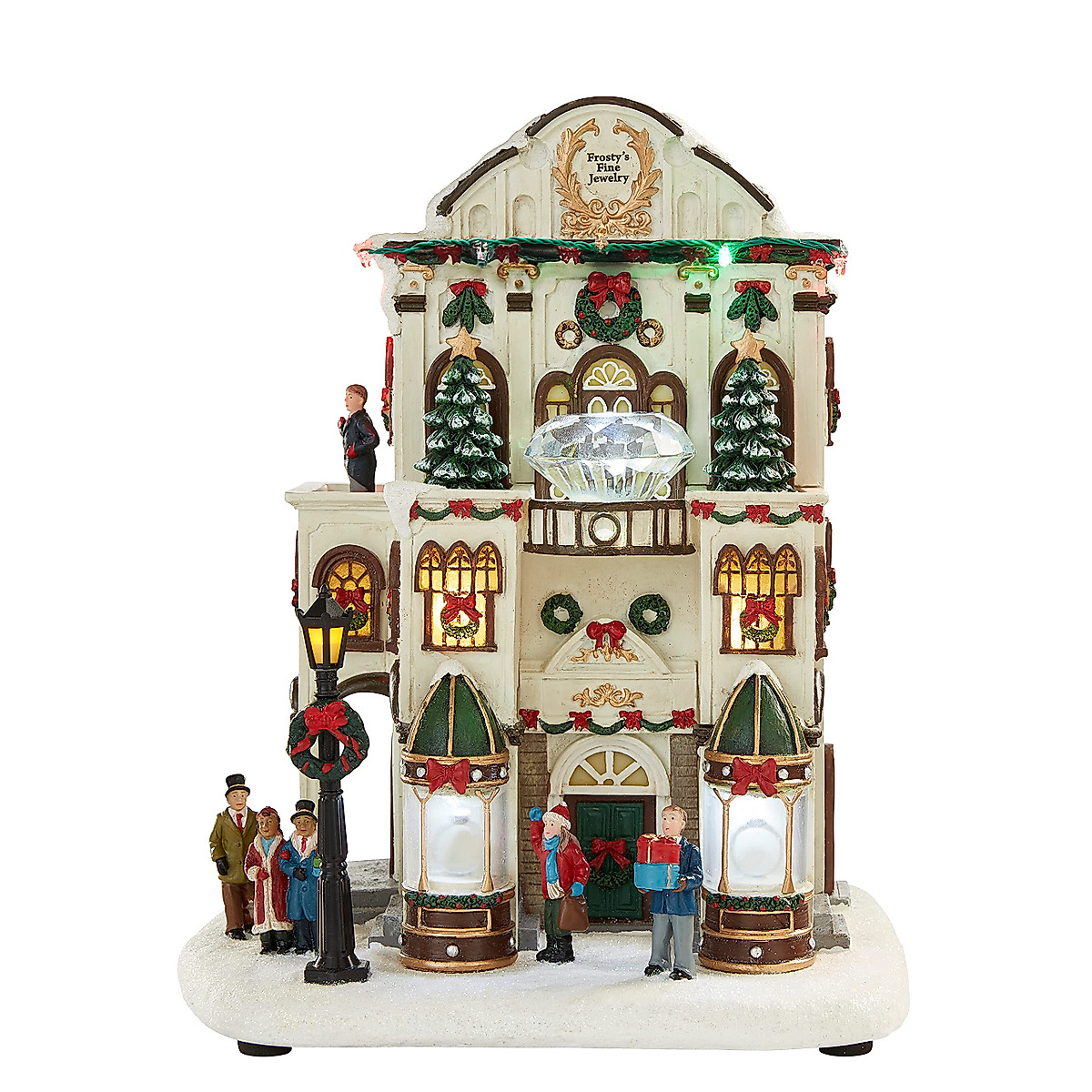 MOMENTS IN TIME 11" H Resin Christmas Village Building, Frosty's Fine Jewelry Shop with LED Lights and Christmas Music - Power Adapter (Included)