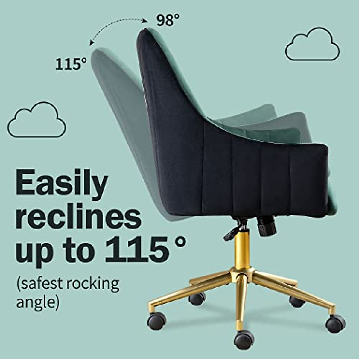 Desk Chair for Home Office Velvet Modern Accent Chair Upholstered Tufted Green Office Chair with Gold Base Swivel Wheels and Adjustable Height Armchair Study Work Stool Vanity Chair for Women, Girls