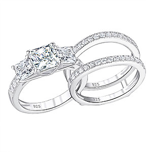 SHELOVES Three-Stone Princess Cut AAAAA Cz Wedding Ring Set Rings Enhancers 925 Sterling Silver Sz 8