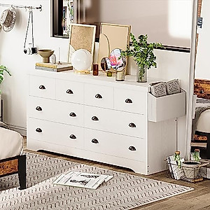 LIKIMIO Dresser 8 Drawer, Modern Wood Bedroom Dresser with with Charging Station and Storage Bag, Storage Chest of Drawers for Living Room Hallway Entryway, White