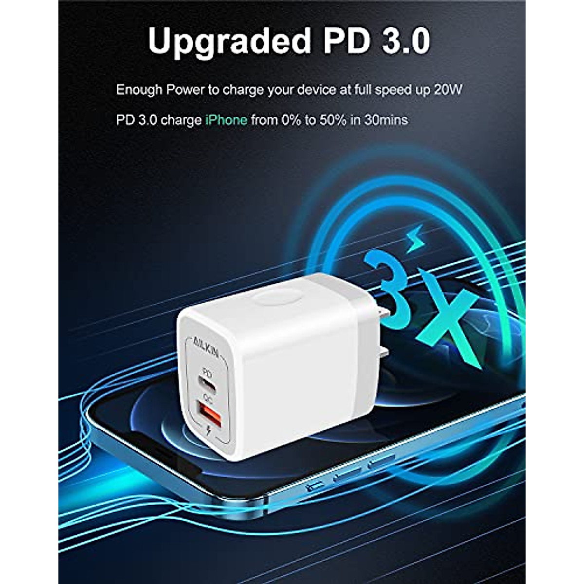 3Pack Dual Port USB-C Wall Plug-in USB Charger, AILKIN 20W Power Delivery + QC3.0 USB A Double Port Fast Charging Block for iPhone 14 13 12 Pro Max 14 Pro 12 Mini 14 11 Pro Max 14 Plus 11 SE X XS Cube