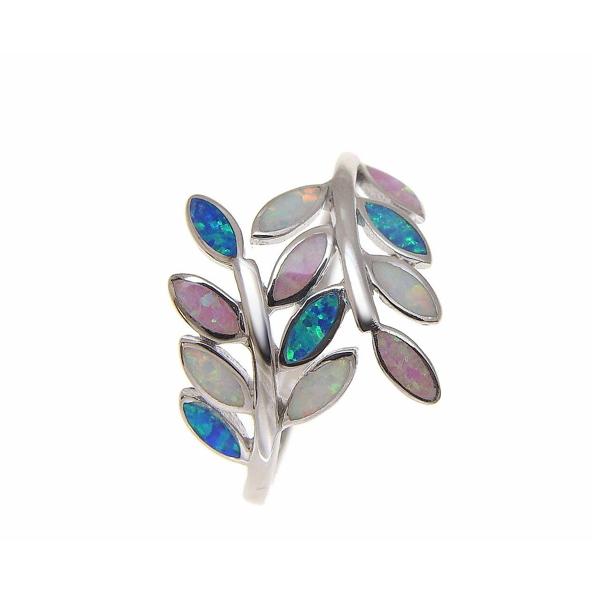 Arthur's Jewelry Blue white pink tricolor inlay synthetic opal ring Hawaiian maile leaf 925 sterling silver size 10