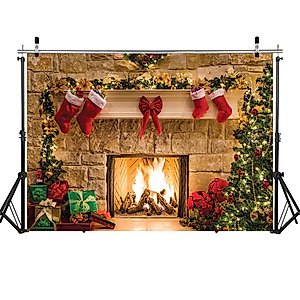 WOLADA 7x5FT Christmas Fireplace Photo Backdrop - Holiday Wall Decor and Background for Photography
