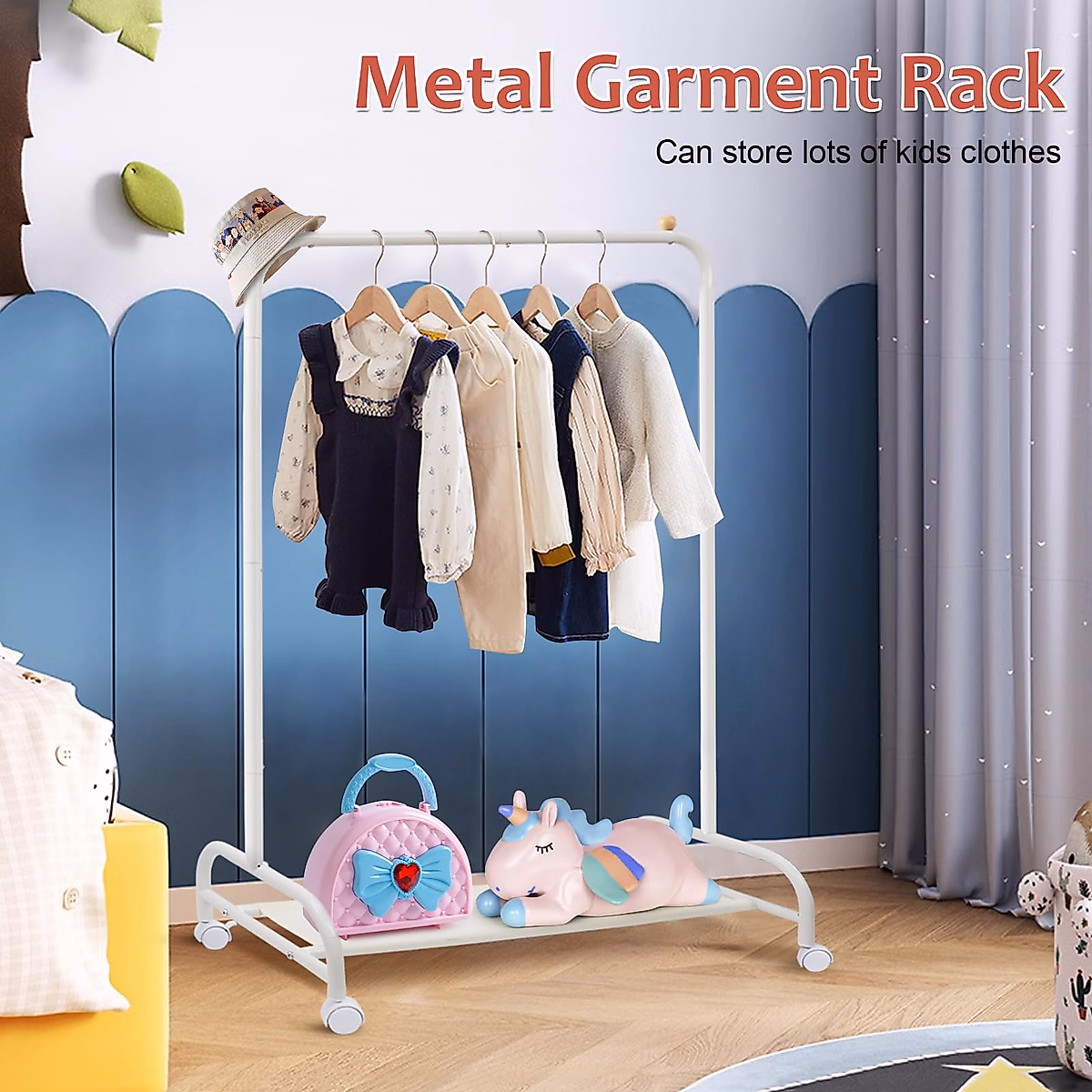 YGJT Kids Clothing Rack, Baby Clothes Rack for Hanging Clothes with Wheels and Bottom Storage Shelf, Small Toddler Garment Rack Kids Dress Up Storage Rack for Coats, Skirts, Dance Costume(White)