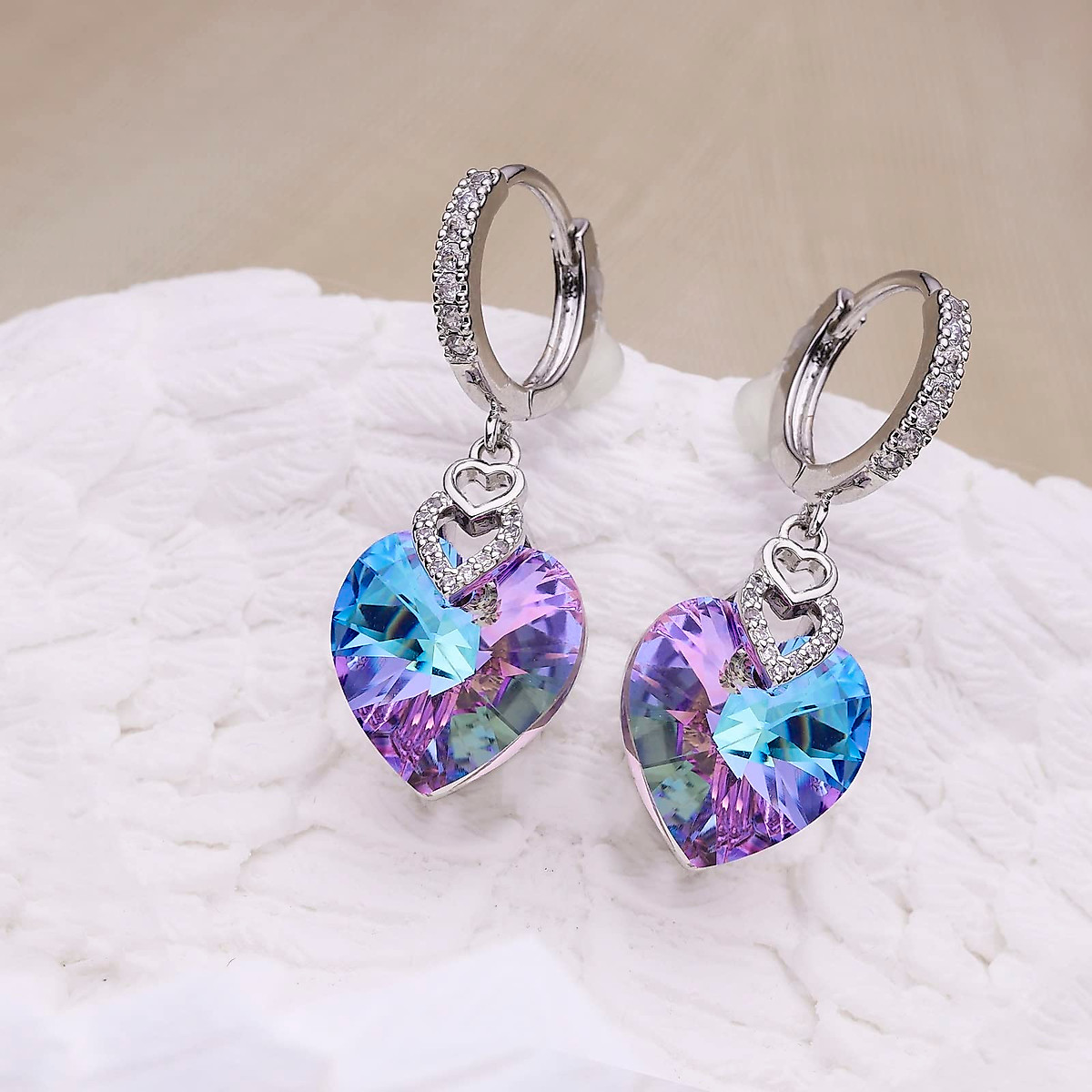 S925 Sterling Silver Heart Dangle Drop Hoop Earrings for Women Multicolored Crystal Cubic Zirconia Purple Amethyst Dangling Earrings Fine Jewelry Gifts for Her (purple)