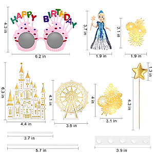 Princess Cake Topper, Includes Happy Birthday Glasses Princess Ornaments 9 Cake Decorations(fireworks, buliding,stars). Cake Decoration For Girl Kid Women Birthday Party and Baby Showers 12PCS