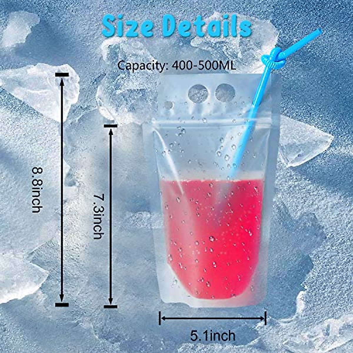 Leesgel Drink Pouches Container for Adults with Straws of Individually Wrapped & Funnel, Upgraded Anti-Leaked Stand-up Reusable Smoothie Bags for Cold & Hot Drinks, Juice, Smoothie