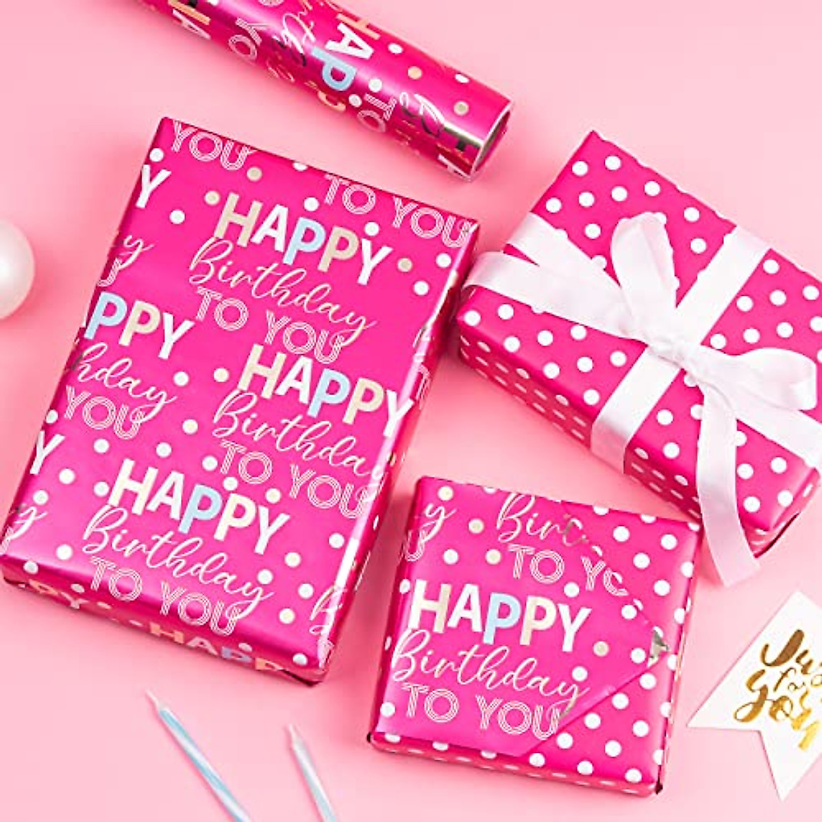 MAYPLUSS Reversible Birthday Wrapping Paper Roll - Mini Roll - 17.3 Inch X 32.8 Feet - Rose Red Birthday Text with Glitter Metallic Foil Design (47.3 sq.ft.ttl)