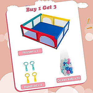 INFANS Baby Playpen Extra Large, Portable Play Yard with Mat, Zipper Gates, Suction Cups, 50 Ocean Balls, 4 Pull up Rings, Breathable Mesh Walls, Indoor Outdoor Toddlers (Rainbow)