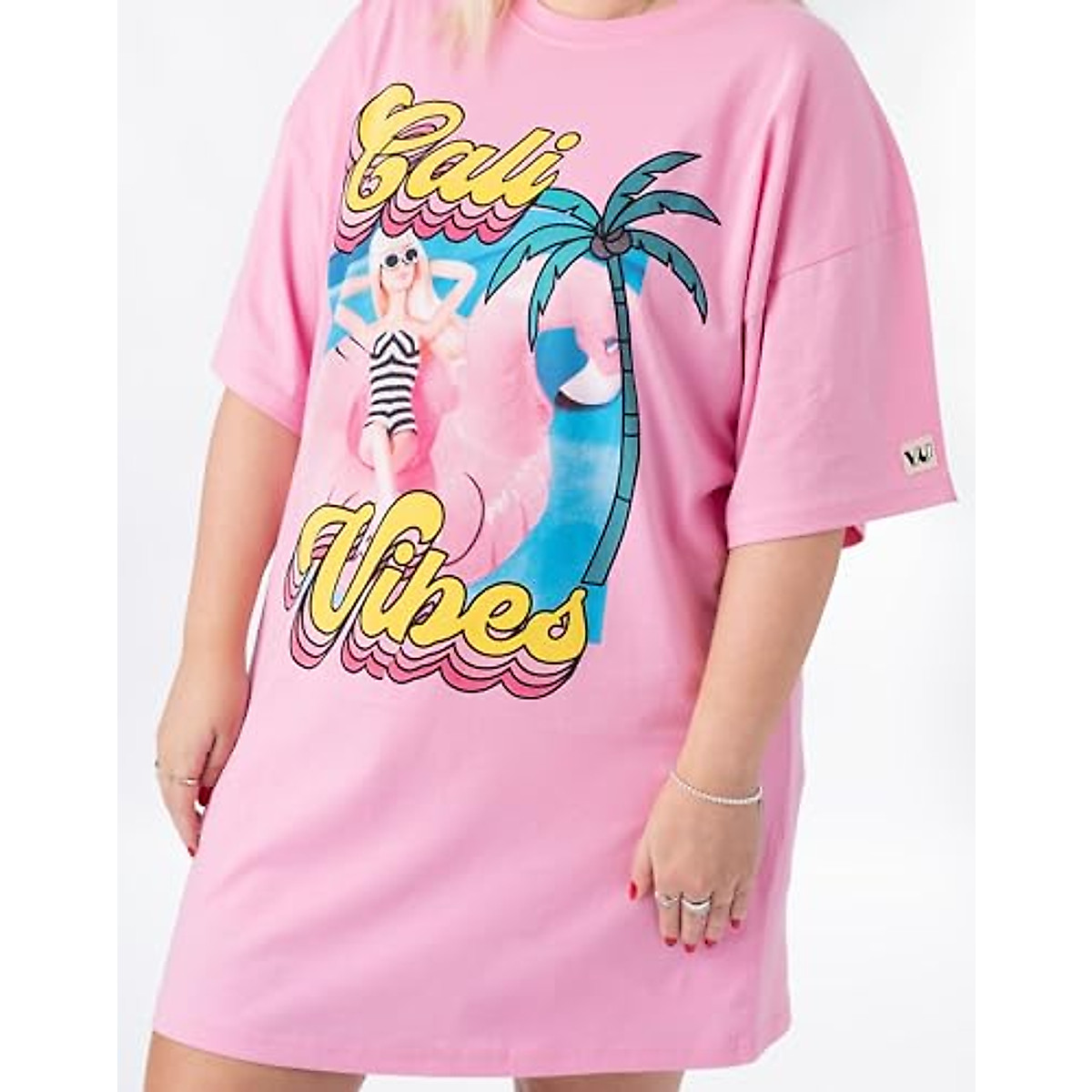 Barbie Womens Oversized T-Shirt Dress | Ladies California Vibes Doll Short Sleeve Summer Outfit | Pink Graphic Tee