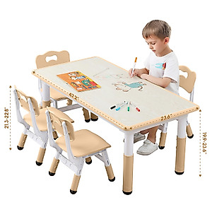 HAPPYMATY Kids Table and Chair Set, Height Adjustable Toddler Table and 6 Chairs Set for Ages 2-12, Graffiti Desktop, Non-Slip Legs, Arts & Crafts Table, Children Activity Table for Daycare Classroom