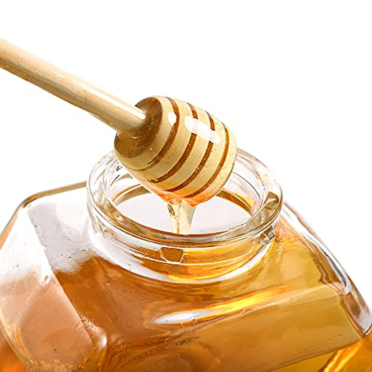 DEAYOU 4 Pack 7 Oz Honey Pot Jars, Glass Honey Pot with Wooden Dipper and Cork Lid, Hexagon Shape Honey Container Dispenser Storage, Clear Heat-Resistant Honeypot for Home, Kitchen