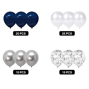 BRT Bearingshui Navy Blue Silver Confetti Balloons, Total 70 PCs Metallic Silver Navy Blue and White Pearl Party Balloons for Birthday Wedding Bridal Baby Shower Graduation Party Decorations