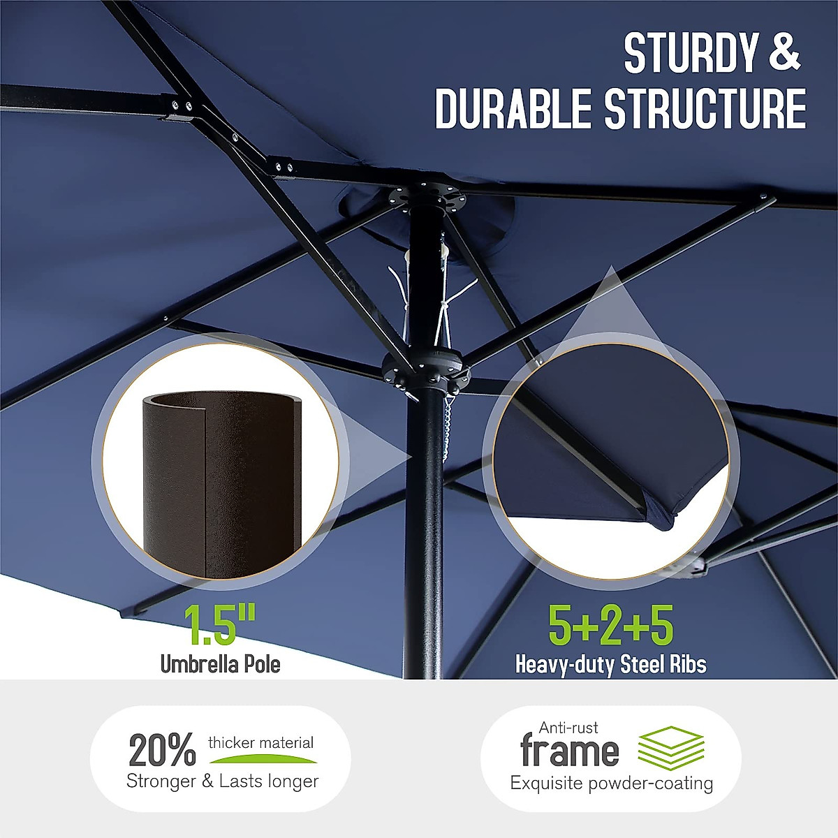 Sophia & William 8 Pieces Patio Dining Furniture with 13 Ft Navy Double-Sided Twin Umbrella, Outdoor Rattan Chairs & Metal Table Set with Cushions and 1.57" Umbrella Hole for Backyard Porch Poolside