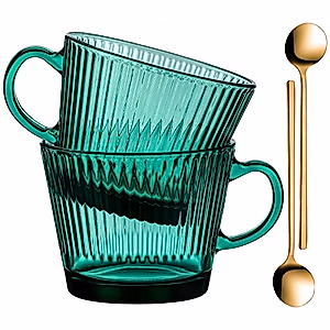 Buaic Glass Coffee Mugs, 14 Oz Set of 2 Vertical Stripes Green Glass Cups Stackable Coffee Cups, Tea Cups, Vintage Mugs for Cappuccino, Latte,Cereal,Beverage Hot/Cold Birthday Day Gifts