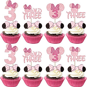 Rsstarxi 24 Pack Mouse 3rd Birthday Cupcake Toppers, Pink Bow Mini Third Birthday Party Decorations Mouse Three Cupcake Picks for Baby Shower 3rd Birthday Party Decorations Pink