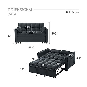 ECHINGLE Sleeper Sofa Bed, 3-in-1 Velvet Pull Out Couch with Armrests, Storage Pockets and 2 Pillows, Adjustable Backrest, Sofa Bed Couch for Living Room, Bedroom(Black)