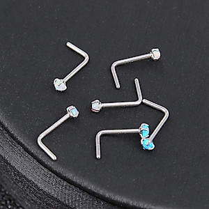 ZS 6 Pieces Opal Nose Studs 20 Gauge Nose Pin Blue Nose Piercing Stud Stainless Steel Nose Stud Retainer L-Shape (6PCS L-shaped Nose Rings)