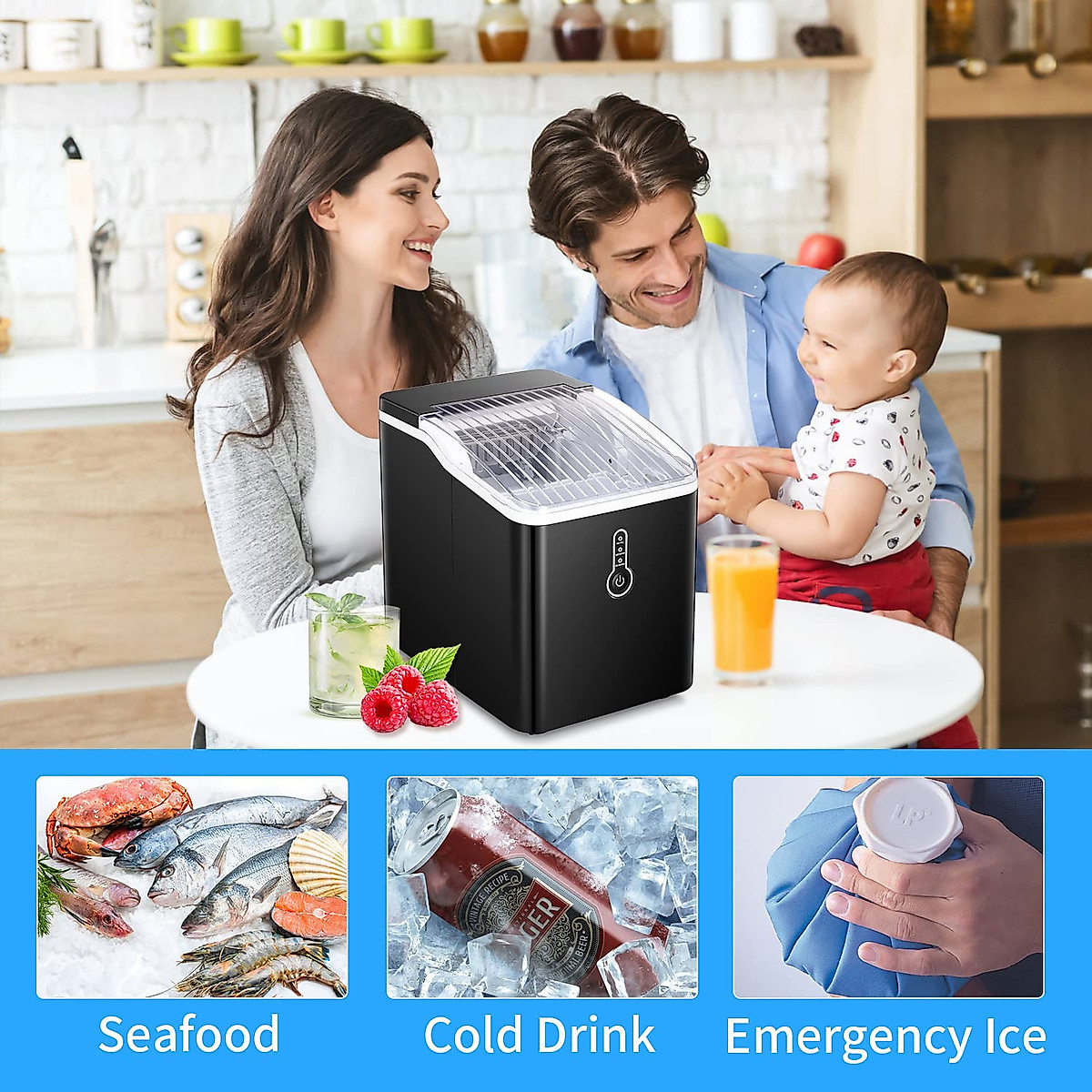 Kismile Ice Maker, Compact Ice Machine, 9 Bullet Ice Cubes Ready in 8 Mins, 26lbs in 24Hrs, Countertop Ice Maker with Ice Scoop & Basket for Home Bar, Office, Kitchen