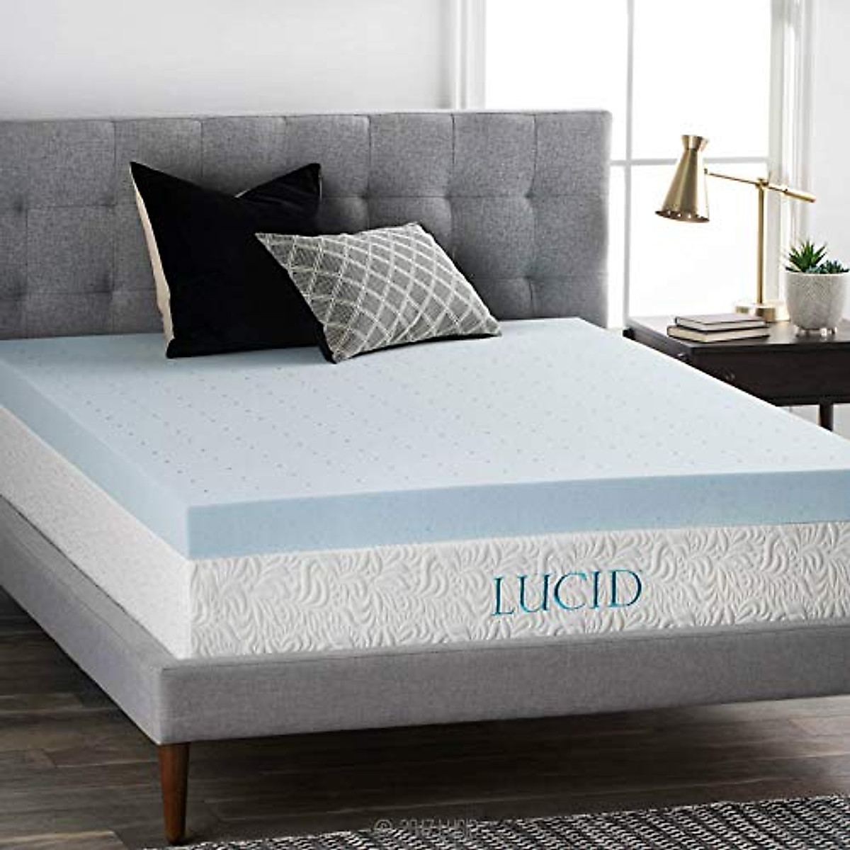 LUCID 4 Inch Gel Memory Foam Mattress Topper-Ventilated Design-Ultra Plush-King, Blue & Premium Rayon from Bamboo Jersey Mattress Protector - Ultra Soft - Waterproof - King