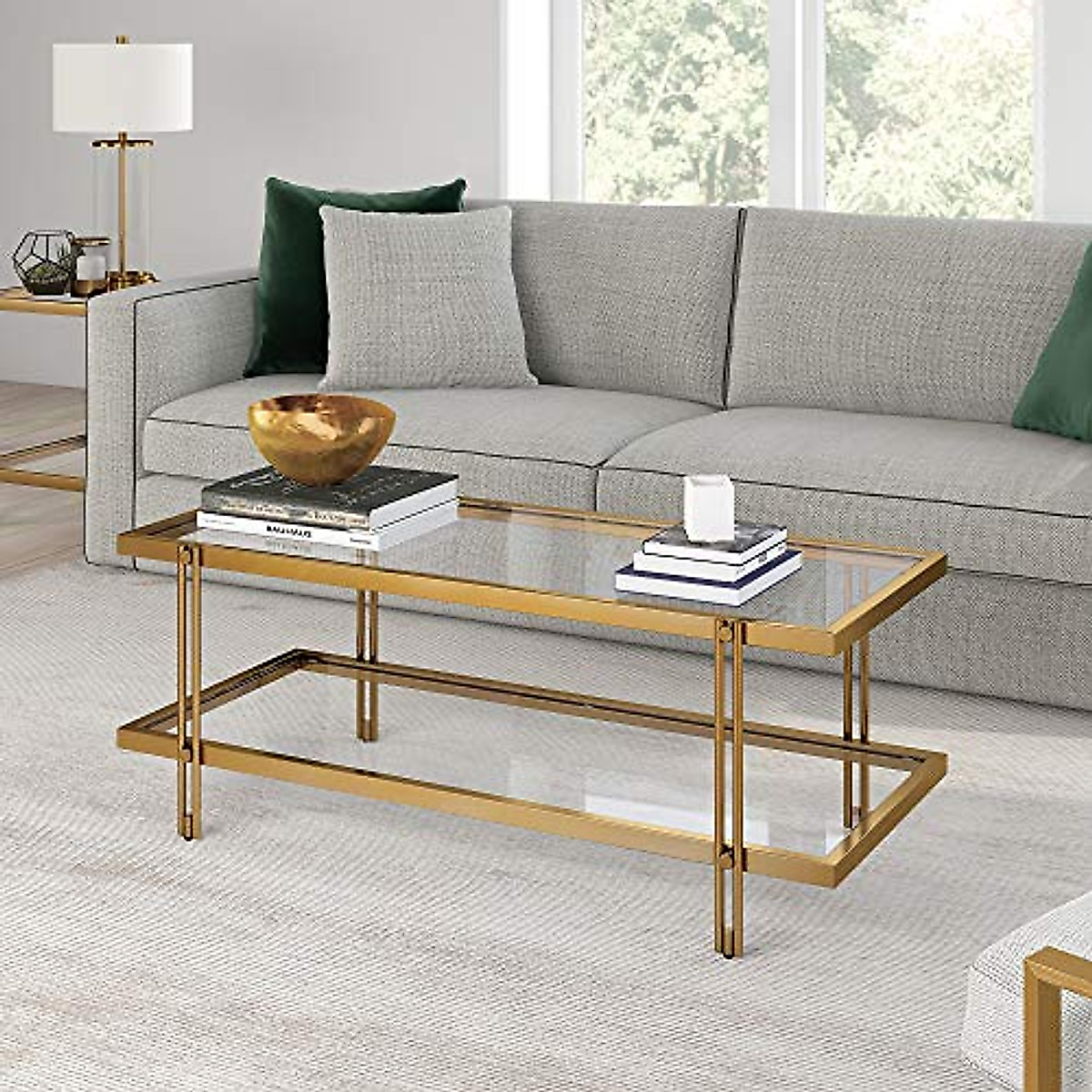 Henn&Hart 45" Wide Rectangular Coffee Table in Brass, Modern coffee tables for living room, studio apartment essentials
