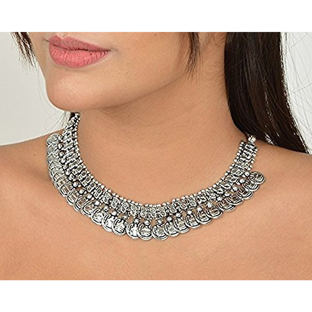 Sansar India Silver Tone Oxidised Metal Boho Bollywood Indian Choker Necklace Jewelry for Women (Silver)