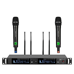 happymusic Professional UHF Wireless Microphone System, 2 Channel Metal Microphone Set of 2 Handheld Cordless Mics, Auto Scan, Up to 350ft for Singing, Home Karaoke, Church, Wedding (UT22)