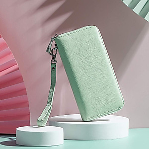 Moflycom Womens Wallet RFID Blocking Genuine Leather Zip Around Wallet Clutch Wristlet Travel Long Purse for Women Light Green
