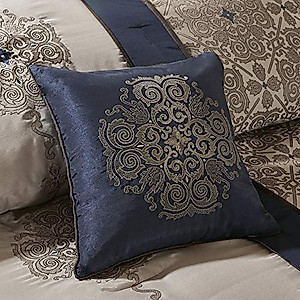 Madison Park Comforter Faux Silk-Traditional Luxurious Jacquard Design All Season Set, Matching Bed Skirt, Decorative Pillows, King(104"x92"), Navy 7 Piece