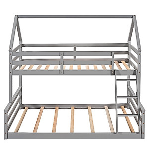 House Bunk Bed Twin Over Full, Low Bunk Bed Frame with Roof, Guardrail, Ladder, Solid Wood Bunk Bed for Kids, Teens, Girls & Boys Bedroom Furniture (Gray, Convertible Into 2 Separate Beds)