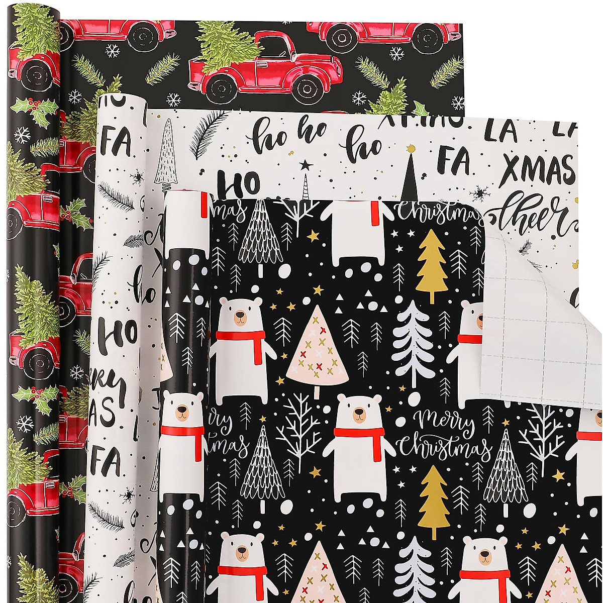 BULKYTREE Christmas Wrapping Paper with Cut Lines for Kids Boys Girls - 3 Mini Rolls Vintage Red Truck, Xmas Greetings Tree, Polar Bear in Black & White - Holiday Gift Wrap Bundle, 17.7 X 120 Inch Per