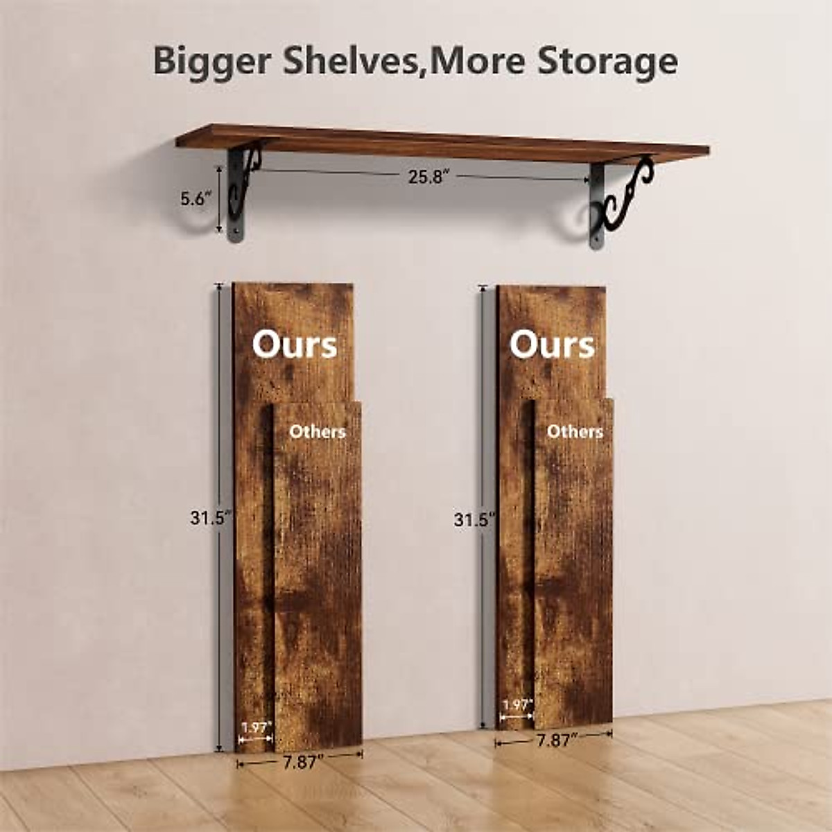 MUXX.STIL Long Wall Shelves, 31.5 Inch Large Floating Shelves for Home Decor Set of 2, Wide Wall Mounted Shelves with Brackets for Bedroom, Living Room, Kitchen, Bathroom and Plants, Rustic Brown