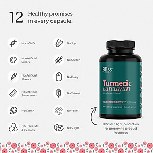 Bliss Serenity Turmeric Curcumin C3 Complex 500 mg, Enhanced with Black Pepper for Better Absorption; Kosher Certified, Non-GMO and Gluten Free - Standardized 95% Curcuminoids - 120 VegCaps