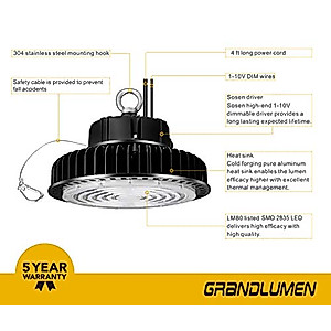 GRANDLUMEN 200W LED High Bay Light, ETL Certified LED Warehouse Lighting, 120-277V, IP65, Dimmable, 4 FT Cable, 5000K Daylight White