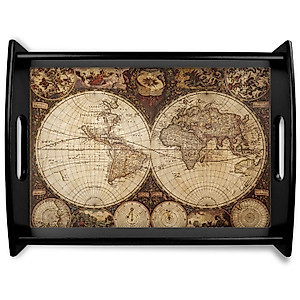 Vintage World Map Black Wooden Tray - Large
