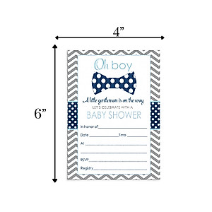 Bow Tie Baby Shower Invitations with Envelopes (15 Pack) Blank Invites for Boys Parties - Little Man Theme Blue and Grey – Blank Invite to Handwrite Custom Details - 4x6 Printed Card Set