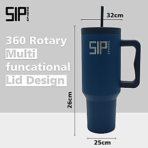 SIP SPHERE Tumbler 40oz Insulated Travel Mug with 2 Straws Double Wall Vacuum Insulated Car Cup Keeps Drinks Hot & Cold (Dark Blue)