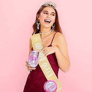 AOPRIE Birthday Tiara for Women Gold Birthday Queen Sash & Headband Happy Birthday Tiara and Crown for Women Rhinestone Crystal Decor