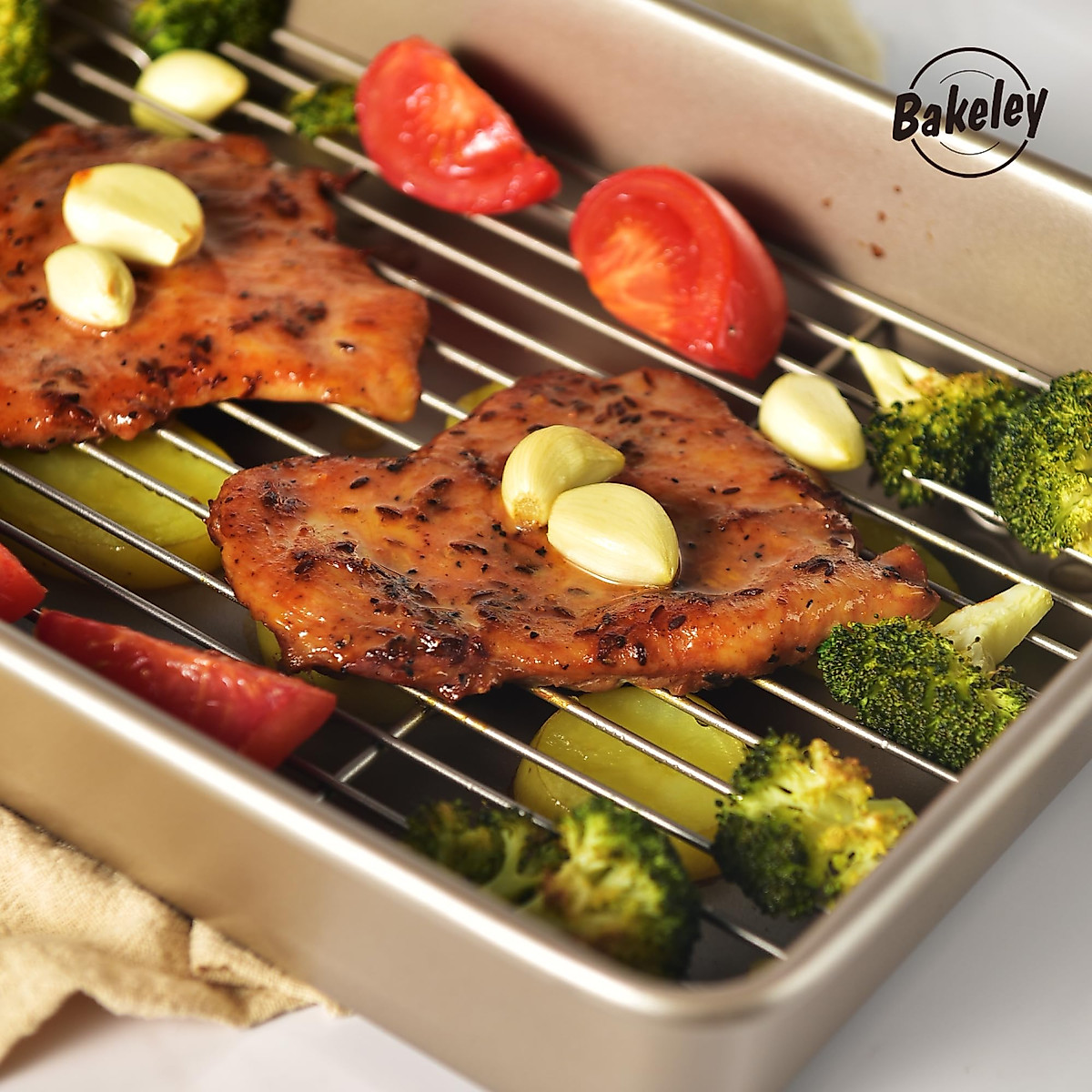 Bakeley Roasting Pan with Rack, Non-Stick Rectangular Deep Dish Oven-BBQ Bakeware for Oven Baking 13.78" x 9.84" x 2.36" (Champagne Gold)