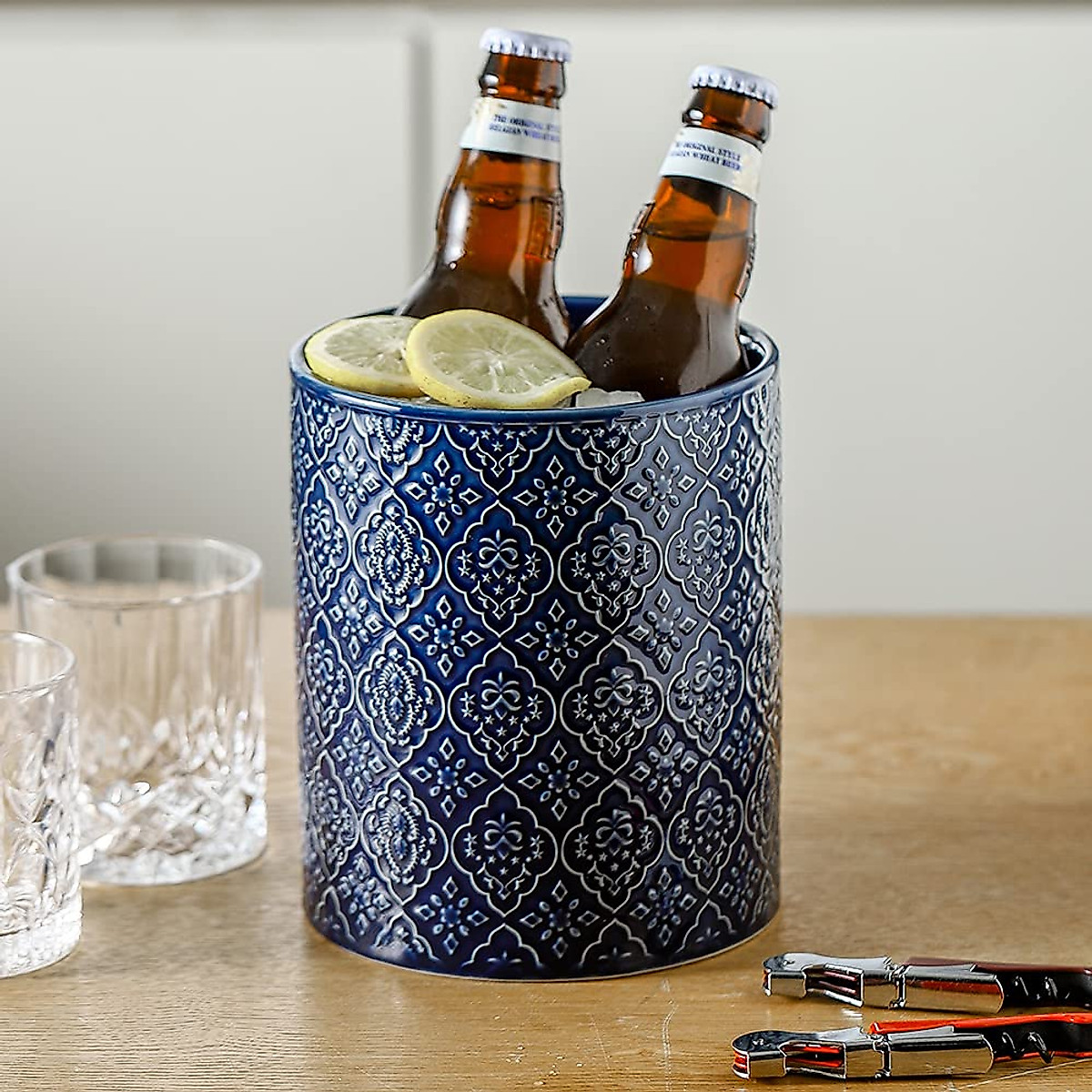 KOOV Kitchen Utensil Holder, Large Utensil Holders for Countertop, 6 x 7 Inches Ceramic Utensil Crock, Deep and Stable, Cooking Utensil Holder, Embossed Pattern (BLue)