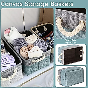 Sea Team 3-Pack Small Storage Basket Set, Storage Cube Organizer, Storage Bins, 12 x 8 x 5 Inches, Rectangle Canvas Fabric Collapsible Shelf Box with Handles for Kids Room (Grey/Stone Blue)