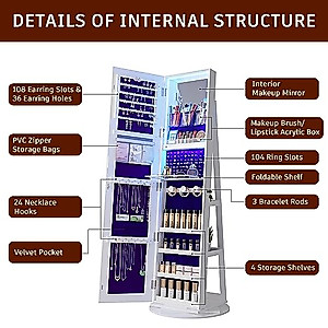 FOMNEY 360° Swivel Jewelry Armoire with Mirror, 63" H Full Length Mirror with LED Lights, Jewelry Cabinet/Organizer with Makeup Shelf for Bedroom (White)