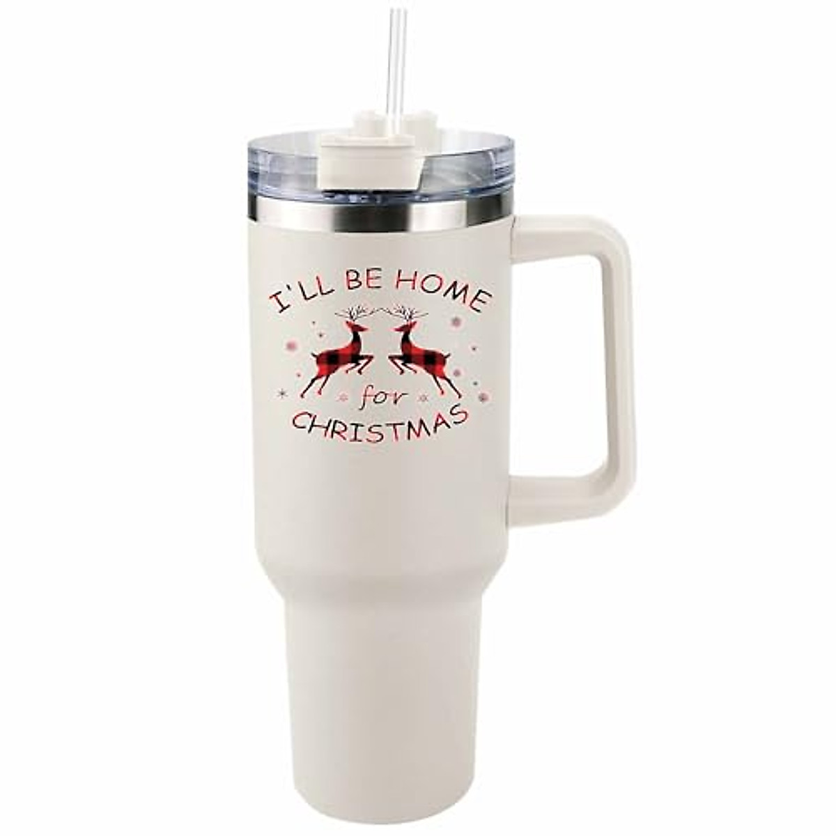 LB LEOBON 40 ounce insulated cup with handle, double-layer vacuum stainless steel material, equipped with straw, can keep warm or maintain cold drinks Reindeer I'll Be Home for Christmas white