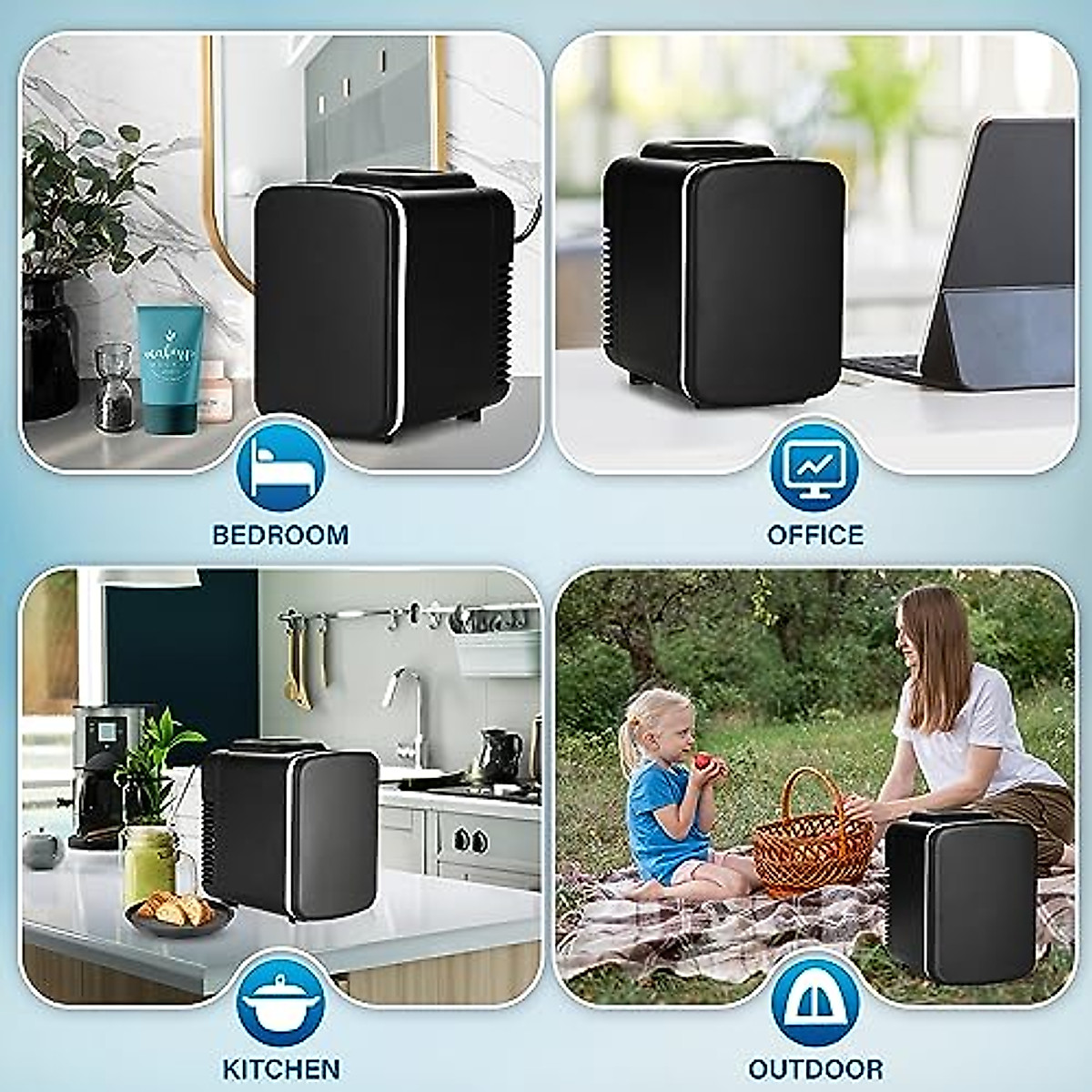 Simple Deluxe Mini Fridge, 4L/6 Can Portable Cooler & Warmer Freon-Free Small Refrigerator, Provide Compact Storage for Skincare, Beverage, Food, Cosmetics, for Bedroom, Office, Dorm, Black, New