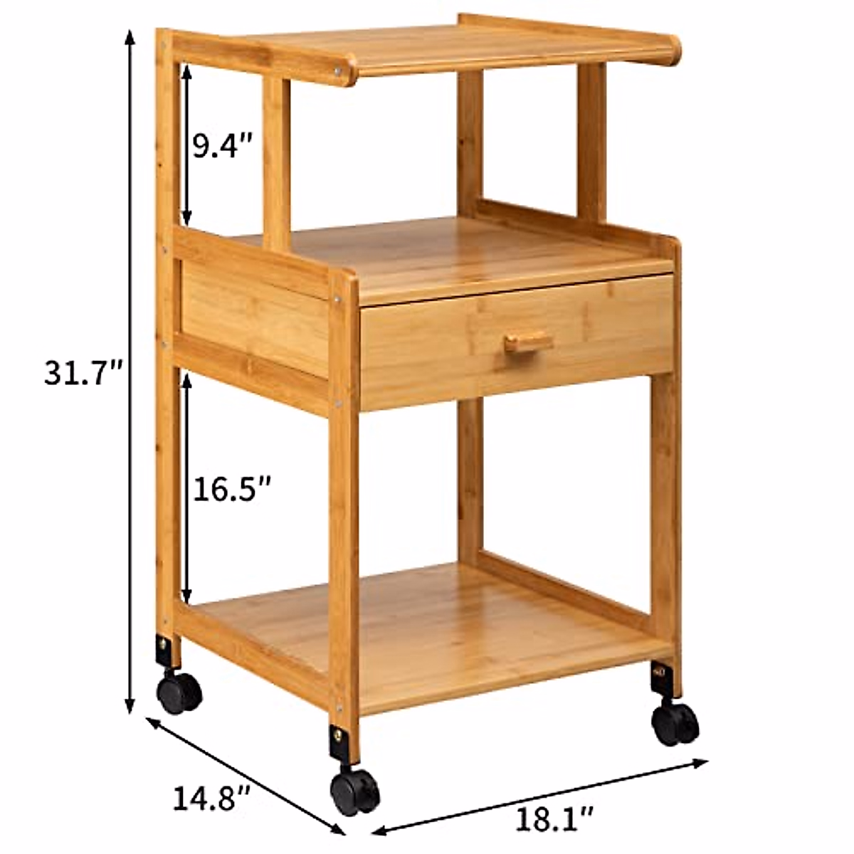 ALIMORDEN 3-Tiers Mobile Printer Stand Holder with Drawer, Rolling Cart with Wheels, Bamboo Rack for Home and Office