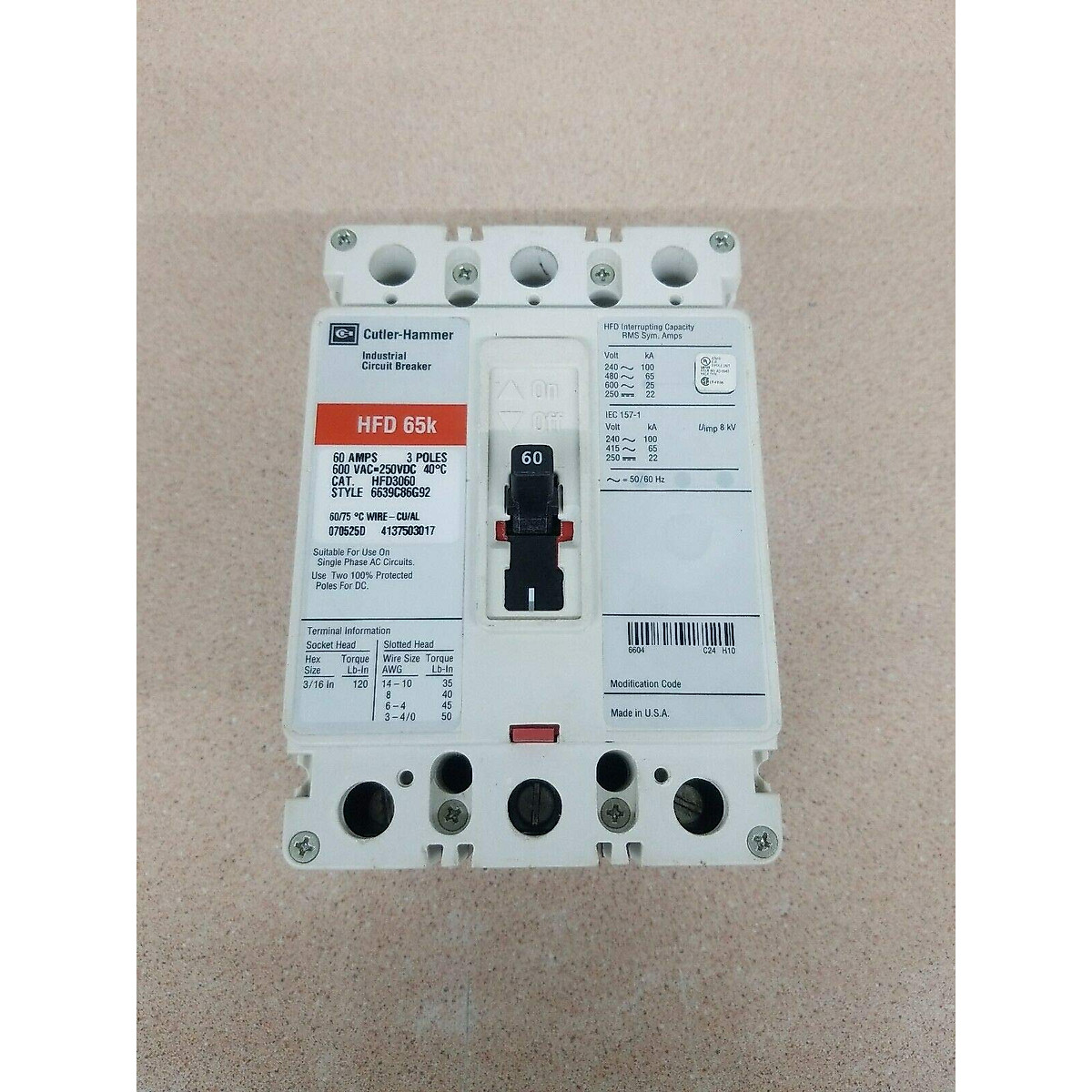 New Eaton Cutler-Hammer HFD3060 Circuit Breaker 3 Pole 60A 600V 65kA HFD