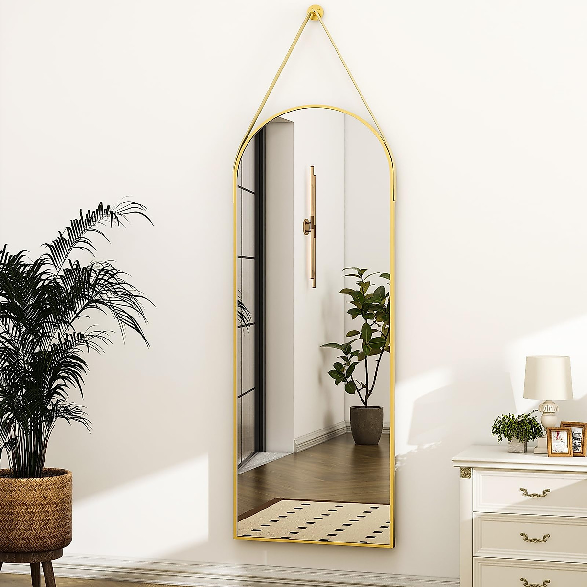HARRITPURE 16"x48"Arched Mirror with Hanging Leather Strap Full Length Mirror Aluminum Frame Wall-Mounted Arch Mirror Hanging Mirrors for Bathroom Vanity Living Room Bedroom Entryway, Gold